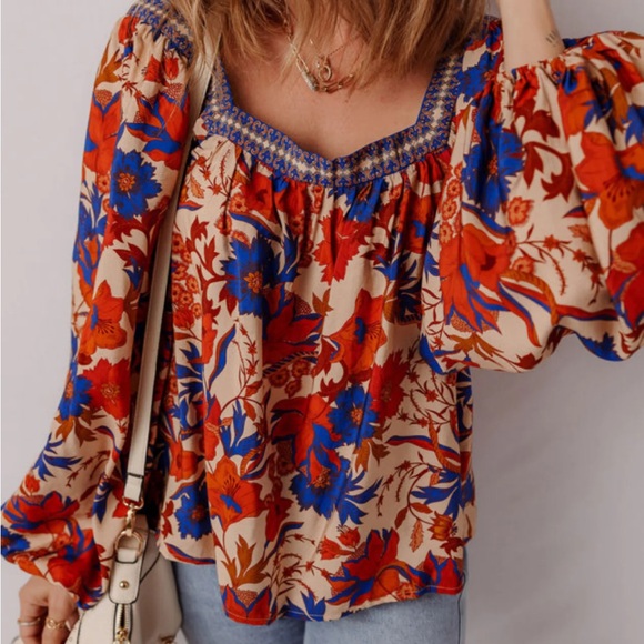 Tops | Floral Bohemian Blouse Red And Blue | Poshmark